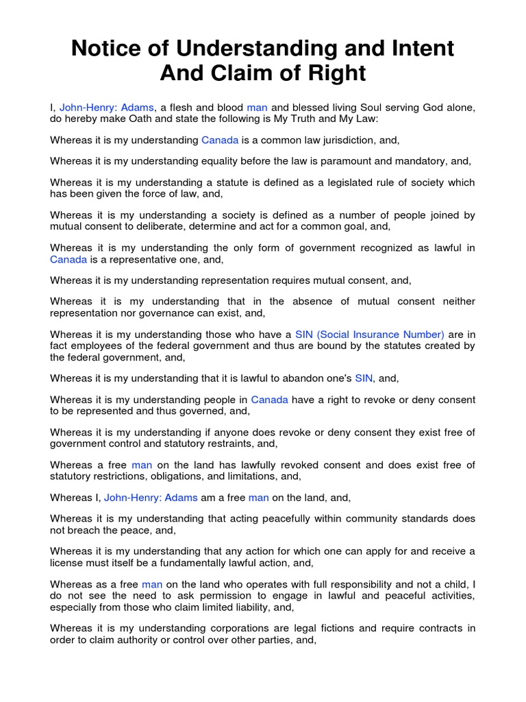 Notice of Intent and Claim of Right | PDF | Notary Public | Private Law