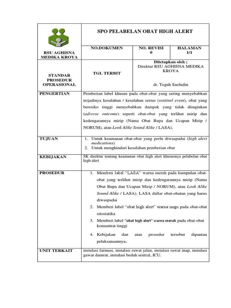 Sop Pelabelan Obat High Alern | PDF