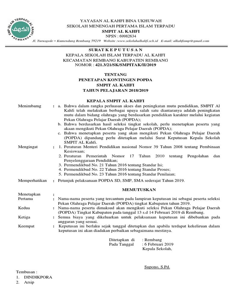 SK Penetapan Peserta Popda | PDF