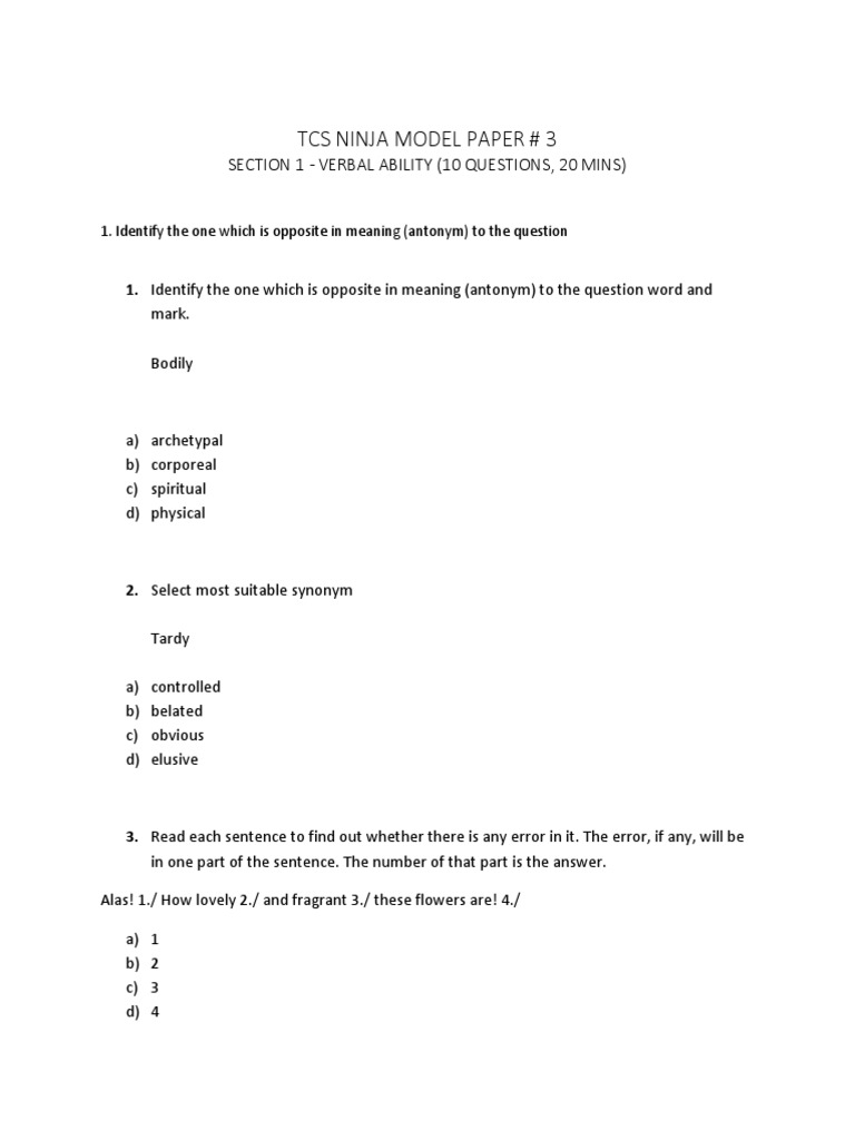 Tcs Ninja Model Paper # 3: Section 1 - Verbal Ability (10 Questions, 20 ...
