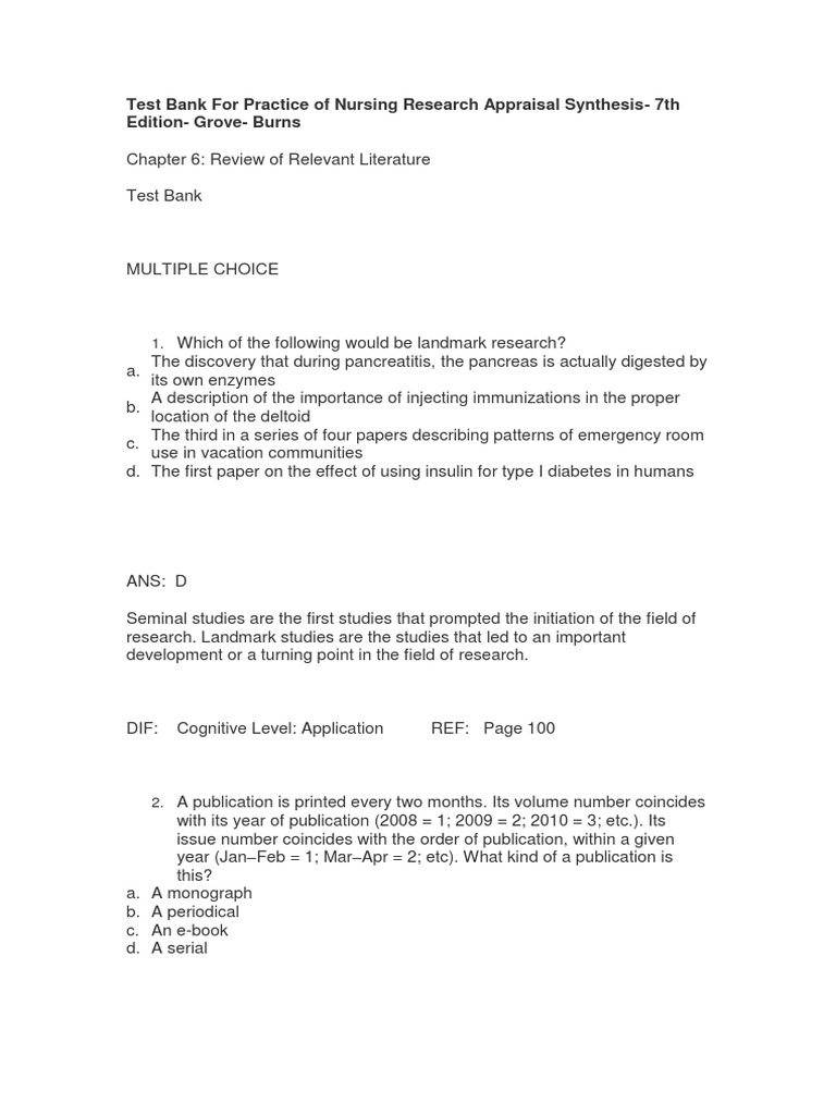 Test Bank For Practice of Nursing Research Appraisal Synthesis | PDF ...