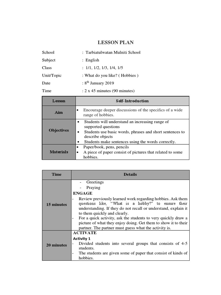 Lesson Plan: Lesson Self-Introduction Aim | PDF | Lesson Plan | Vocabulary