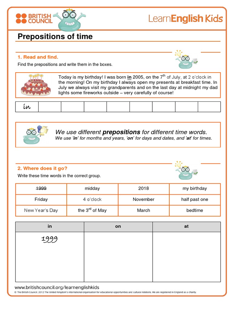 Grammar Games Prepositions of Time Worksheet | PDF
