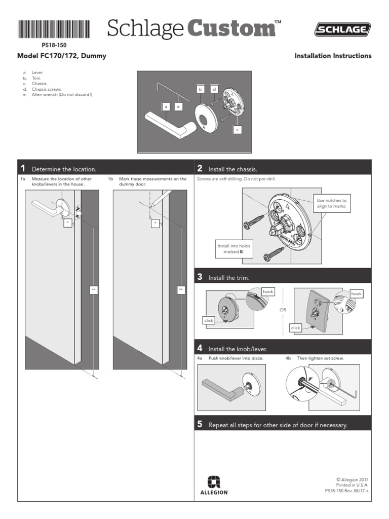 FC172 Schlage Custom Non Turning Installation Instructions | PDF ...