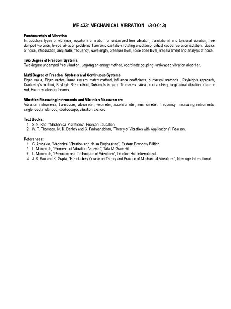 Me 433: Mechanical Vibration (3-0-0: 3) | PDF