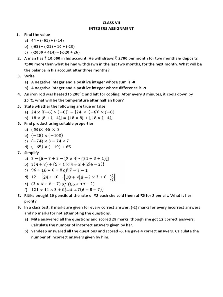 Class 7 Integer Assignment Tasks | PDF