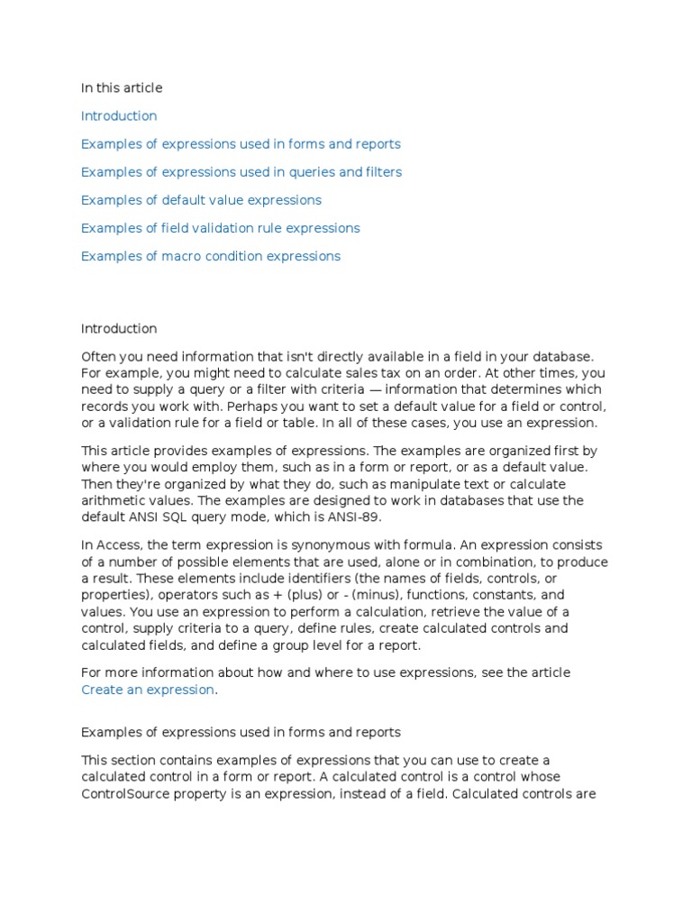 Example of Expression Access | Download Free PDF | Sql | Arithmetic