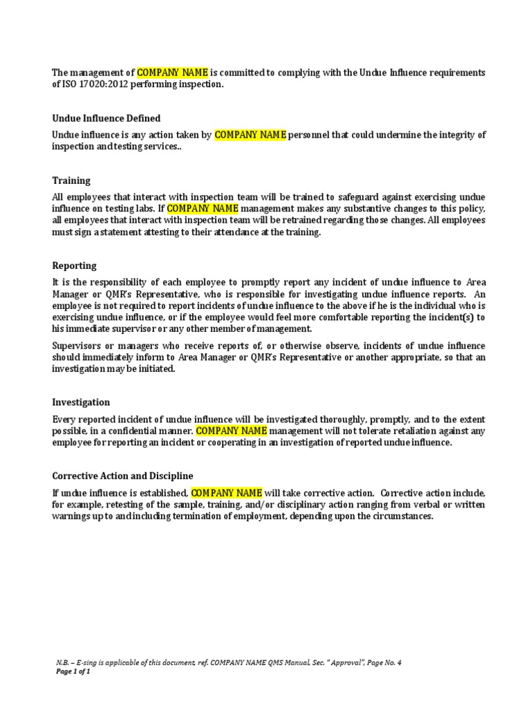 Undue Influence Policy Sample | PDF