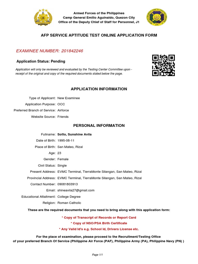 AFP Service Aptitude Test Application | PDF