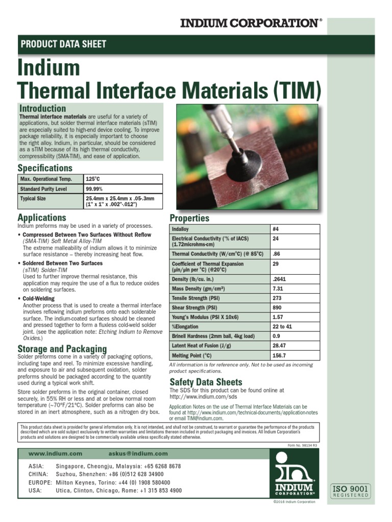 Indium Thermal Interface Materials 98134 r3 | PDF | Solder | Thermal ...
