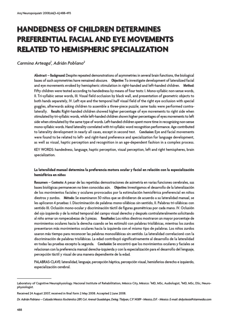 Handedness of Children Determines Preferential Facial and Eye Movements ...
