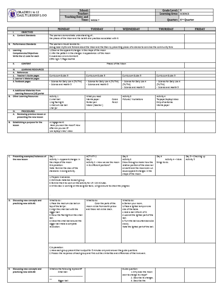 Grade 5 DLL Science 5 q4 Week 7 | PDF | Moon | Curriculum