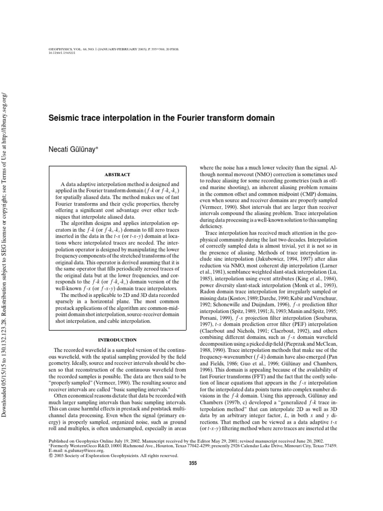 Seismic Trace Interpolation in The Fourier Transform Domain | PDF | Spectral Density | Signal ...