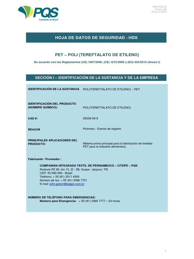 Sds Pet Pqs Spanish 2015 | PDF | Quemar | Contaminación