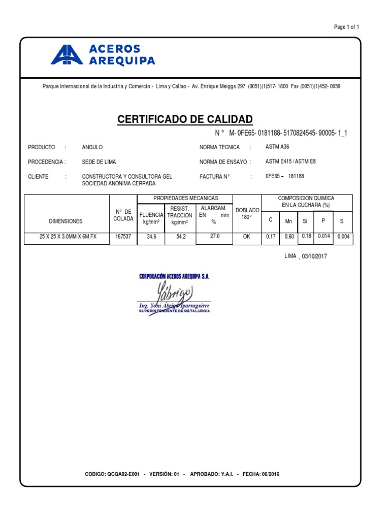 Certificado Calidad Acero | PDF