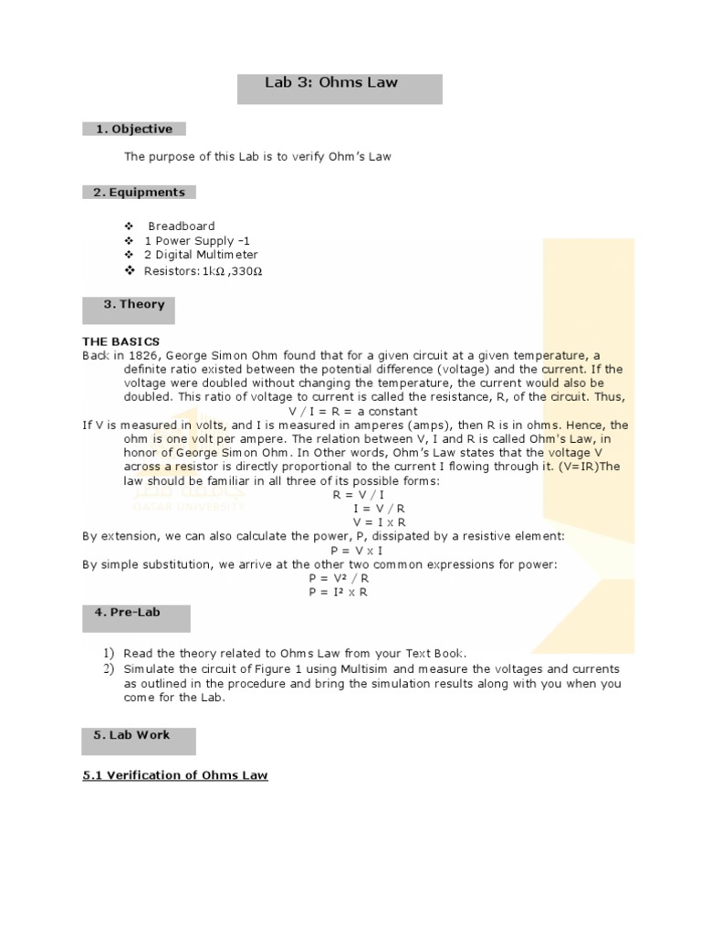 Ohm's Law Verification Lab Guide | PDF | Resistor | Voltage