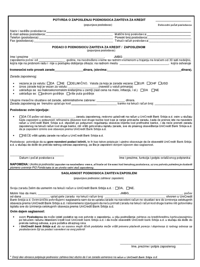 Potvrda o Zaposlenju Podnosioca Zahteva Za Kredit i Administrativna Zabrana