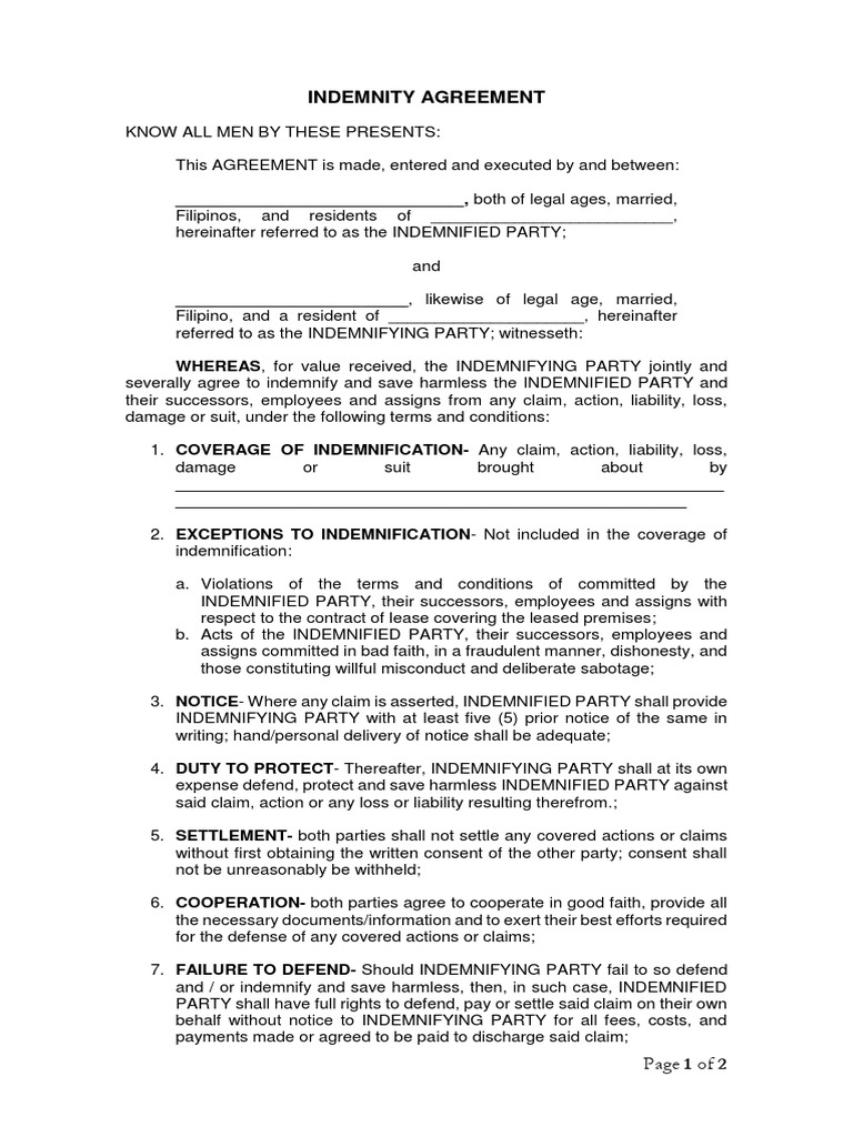 Indemnity Agreement Template | PDF | Indemnity | Public Law