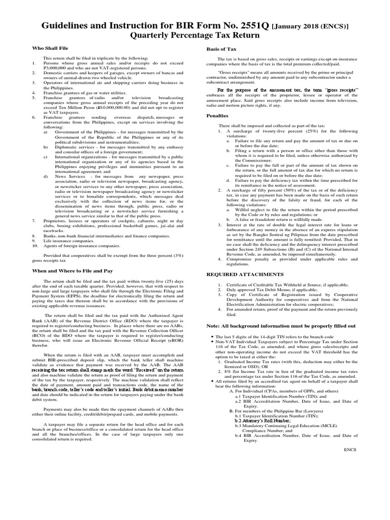 Guidelines and Instruction For BIR Form No. 2551Q: Quarterly Percentage ...