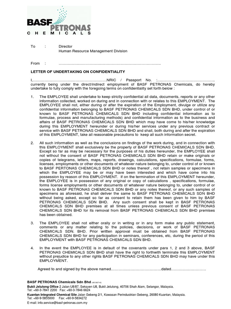 5. Letter of Undertaking on Confidentiality | Confidentiality | Employment