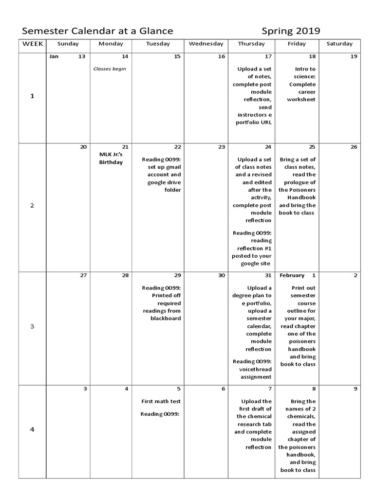 Spring 2019 Semester Calendar Overview | PDF | Learning | Books