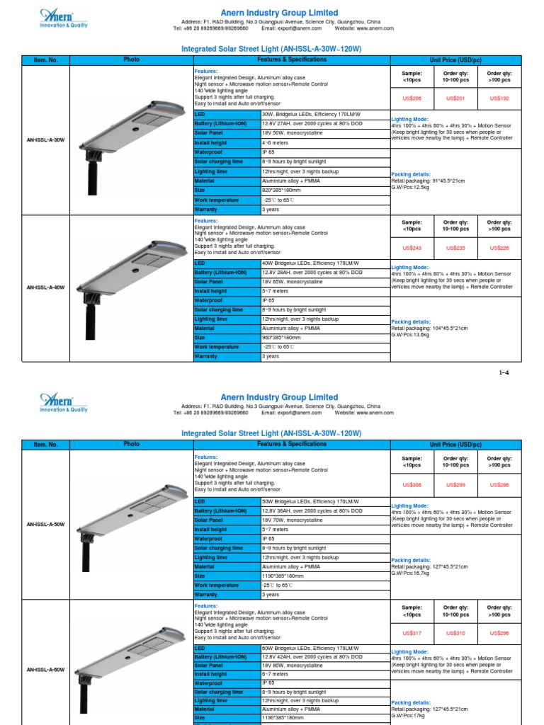 All-In-One Solar Street Light (an-IsSL-A) Price List | PDF | Lithium ...