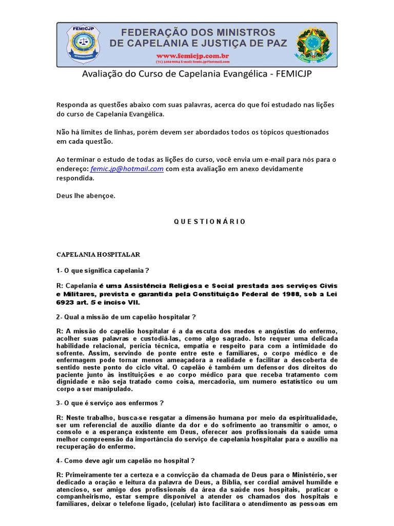 Q U E S T I O N á R I O Do Curso De Capelania Respondido Amor