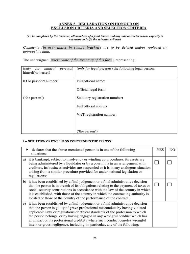 Annex5-Declaration On Honour On Exclusion Criteria and Selection Criteria PDF | PDF | European ...