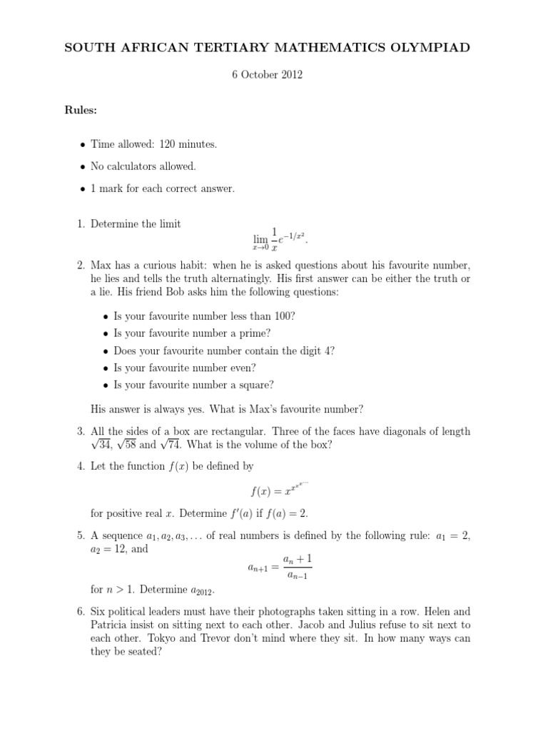 South African Tertiary Mathematics Olympiad | PDF | Integer | Cartesian ...