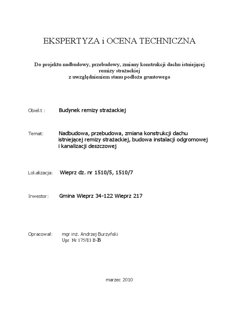 Ekspertyza Techniczna Starostwo Projekt | PDF