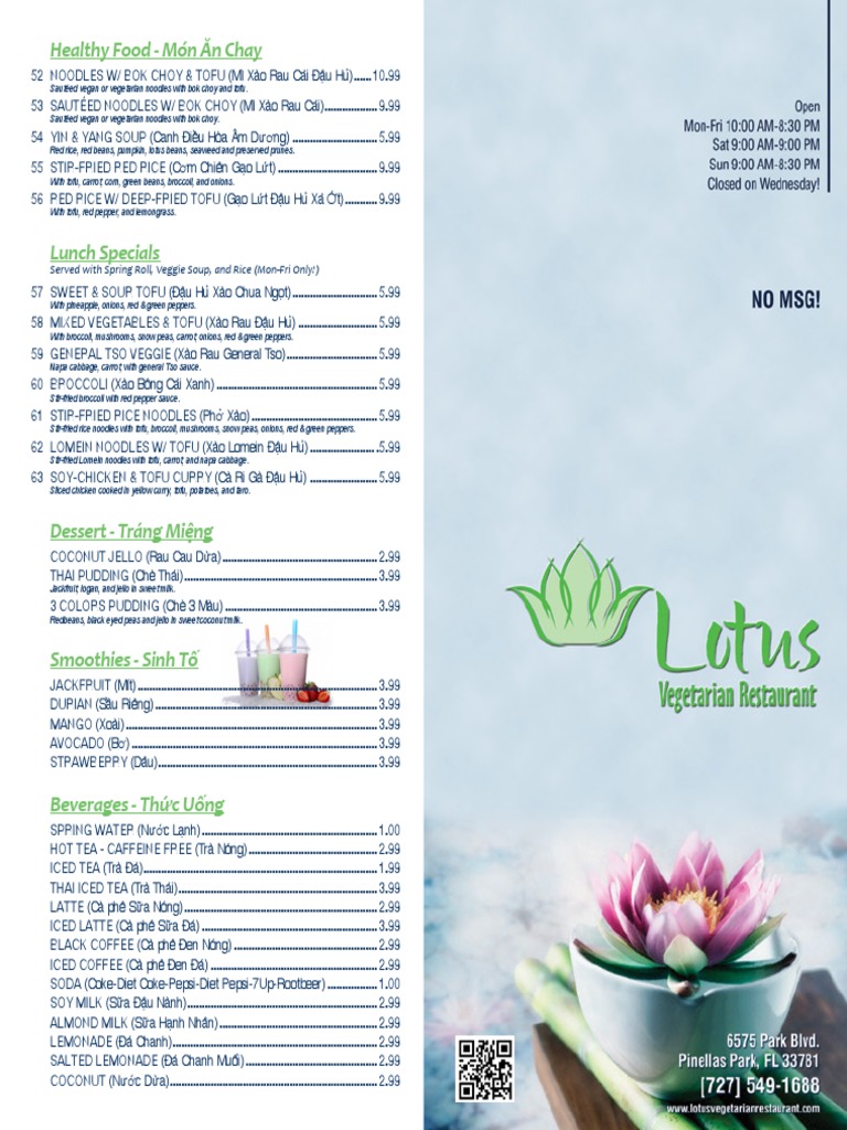 Lotus Vegetarian Restaurant Menu PDF | PDF | Vietnamese Cuisine | Tofu