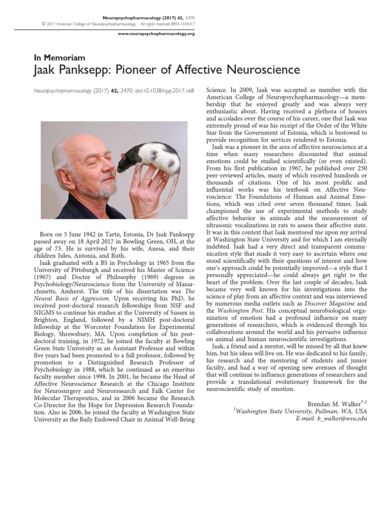 Jaak Panksepp: Pioneer of Affective Neuroscience: in Memoriam | PDF ...