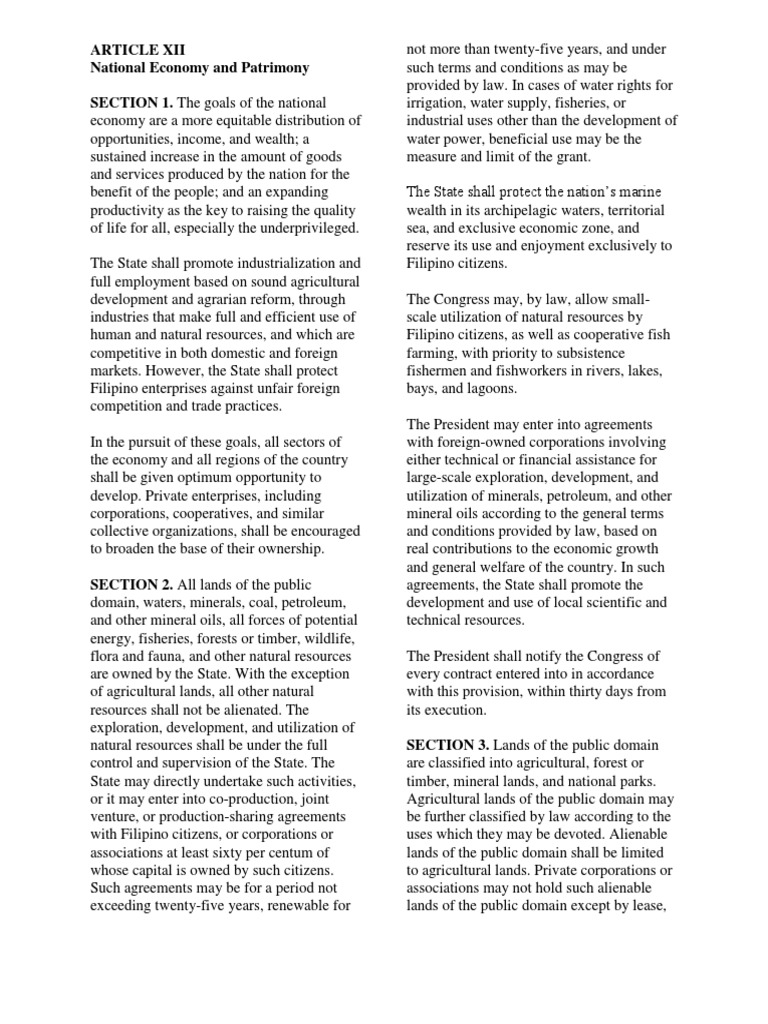 Article Xii National Economy and Patrimony SECTION 1. The Goals of The ...