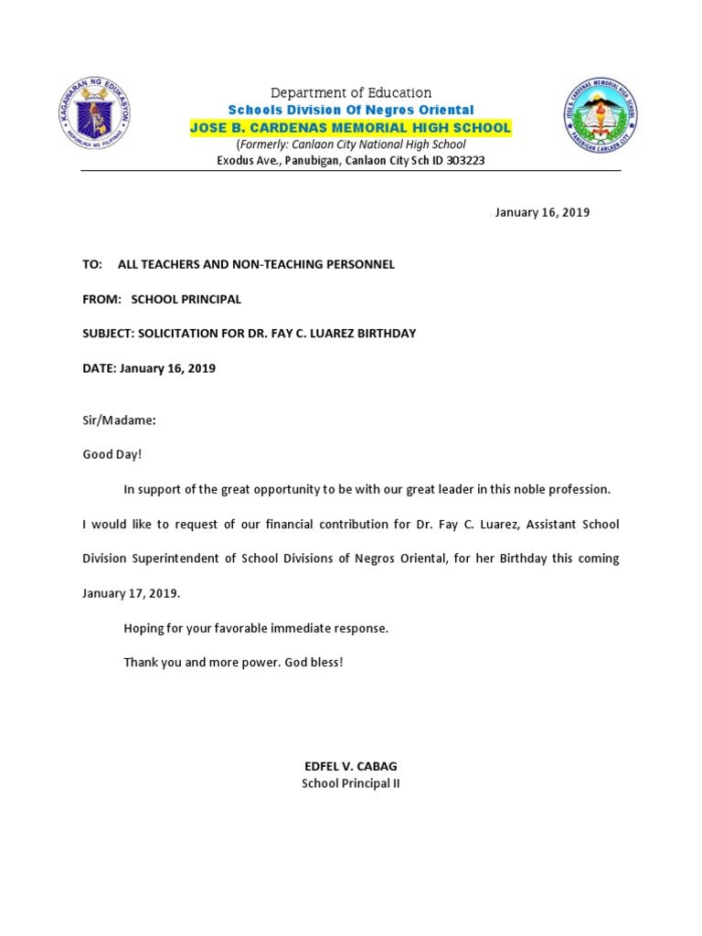 To: All Teachers and Non-Teaching Personnel From: School Principal ...