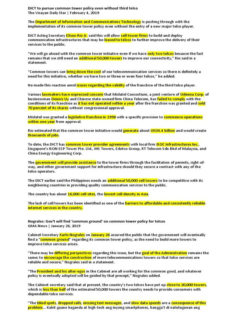 DICT To Pursue Common Tower Policy Even Without Third Telco | PDF ...