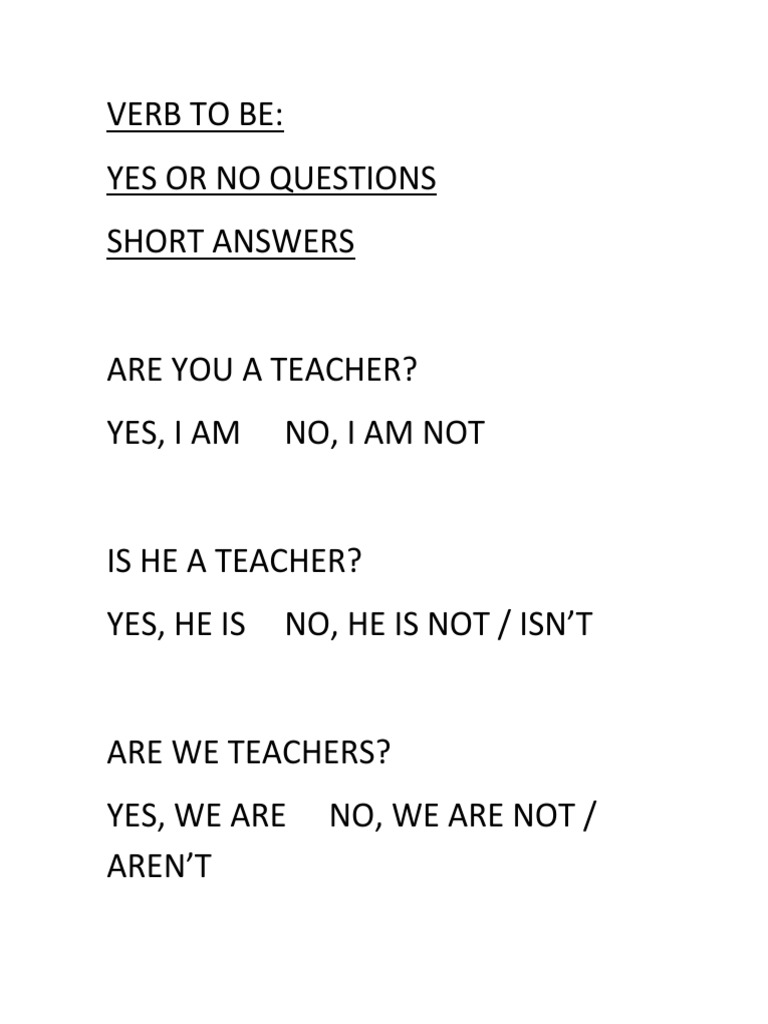 Verb To Be: Yes/No Questions & Answers | PDF