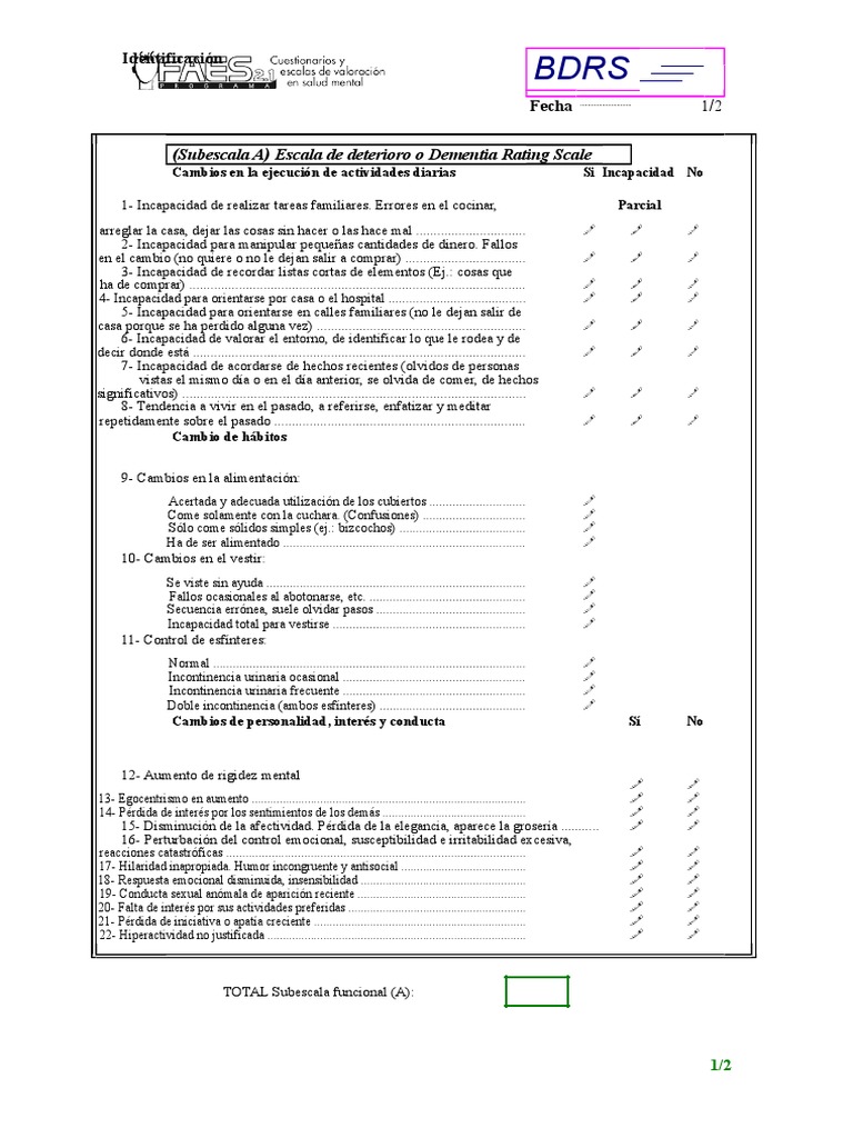 Escala De Deterioro O Dementia Rating Scale Psicología Clínica