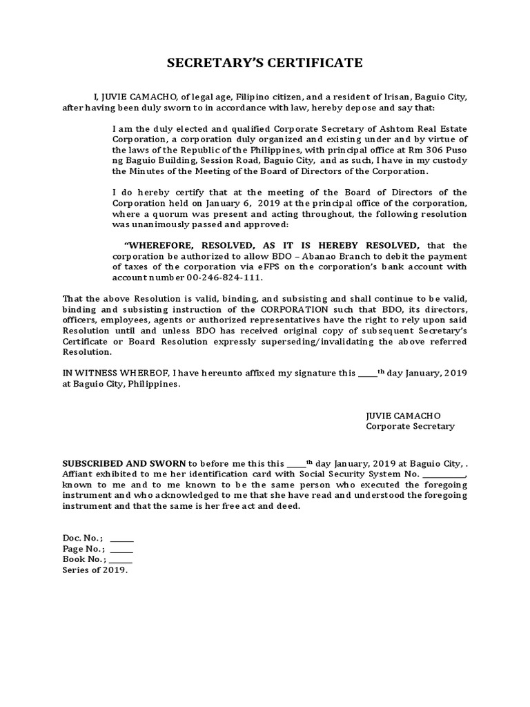 Secretary'S Certificate: SUBSCRIBED AND SWORN To Before Me This This | PDF