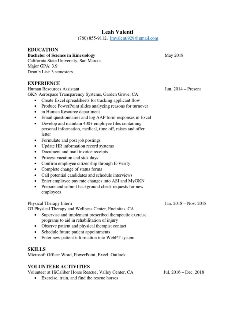 Leah Valenti Resume | PDF | Physical Therapy | Human Resources