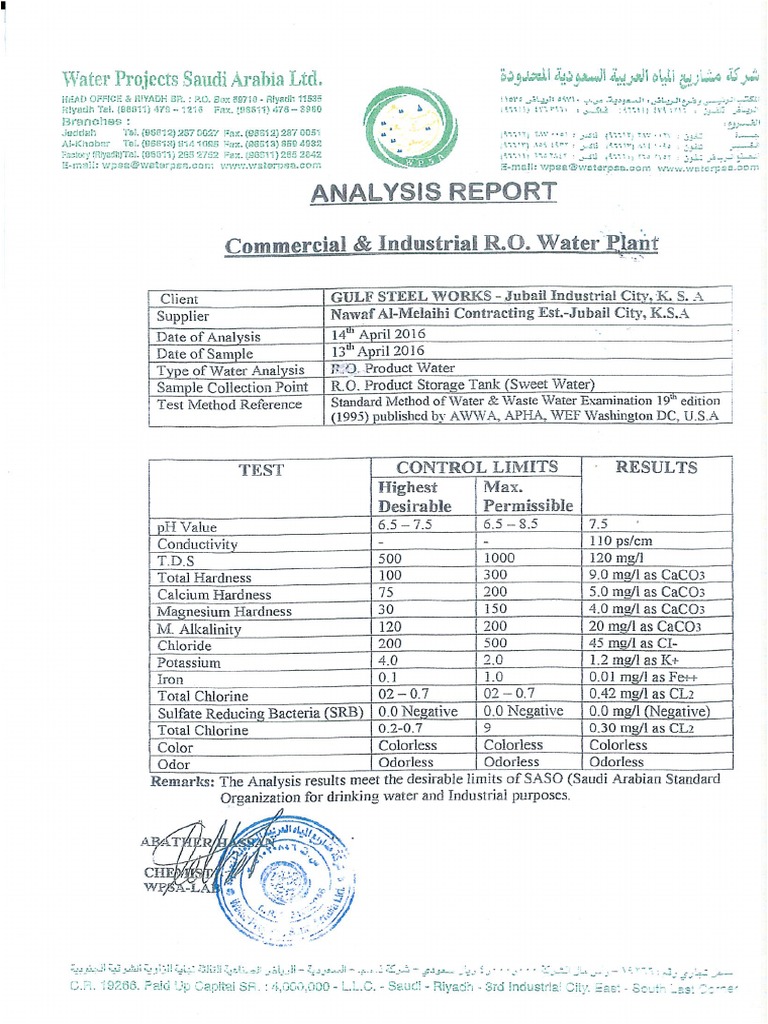 Water Test Report Sapmle | PDF