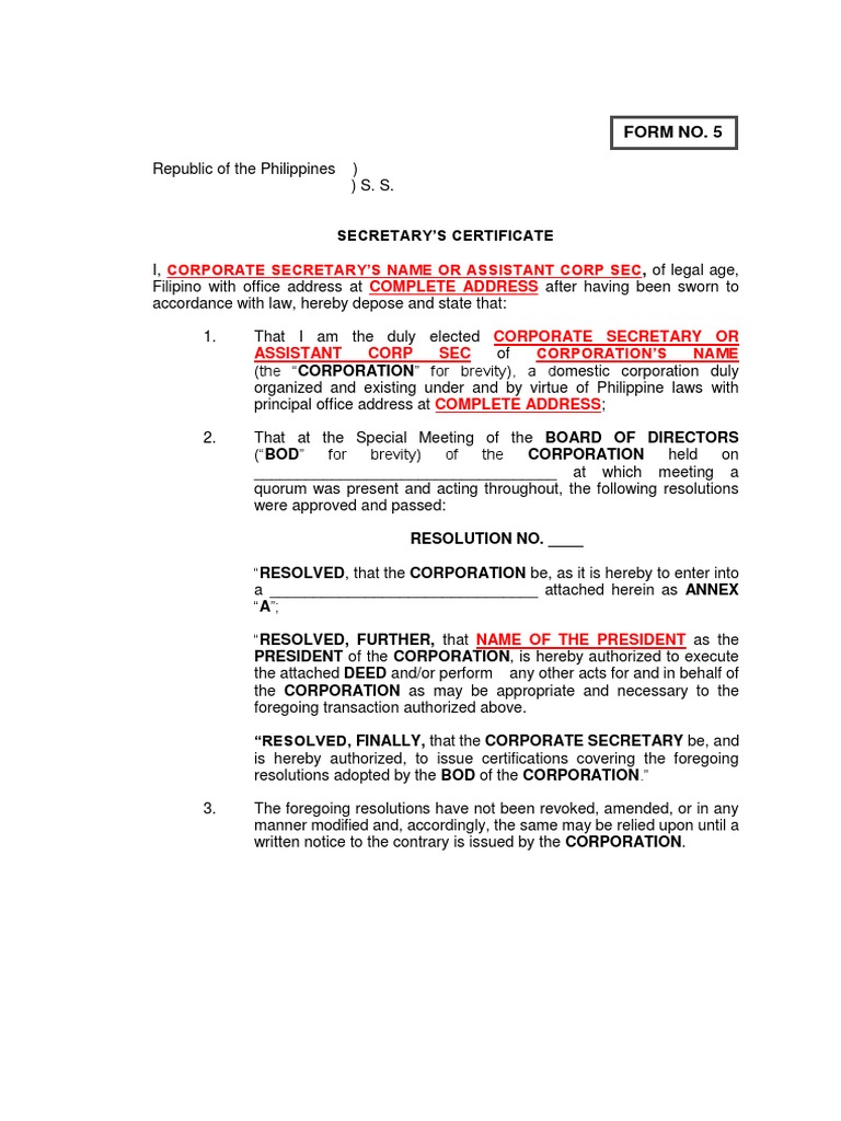 Secretary's Certificate Documenting Board Resolutions Authorizing the ...