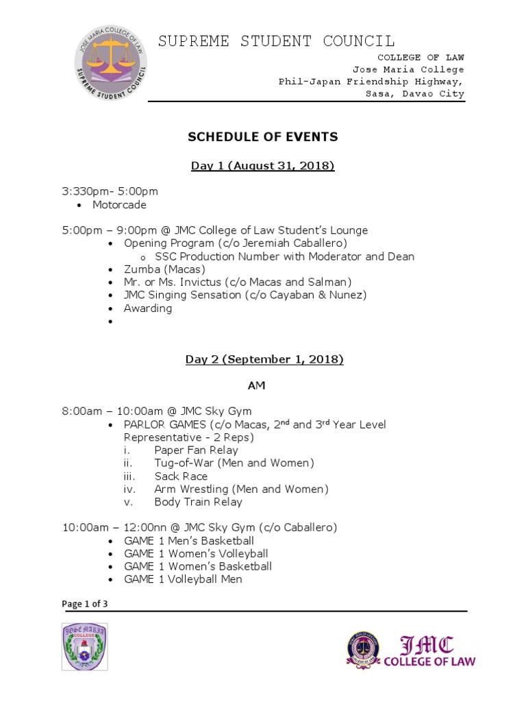 Supreme Student Council: Schedule of Events | PDF | Leisure | Sports