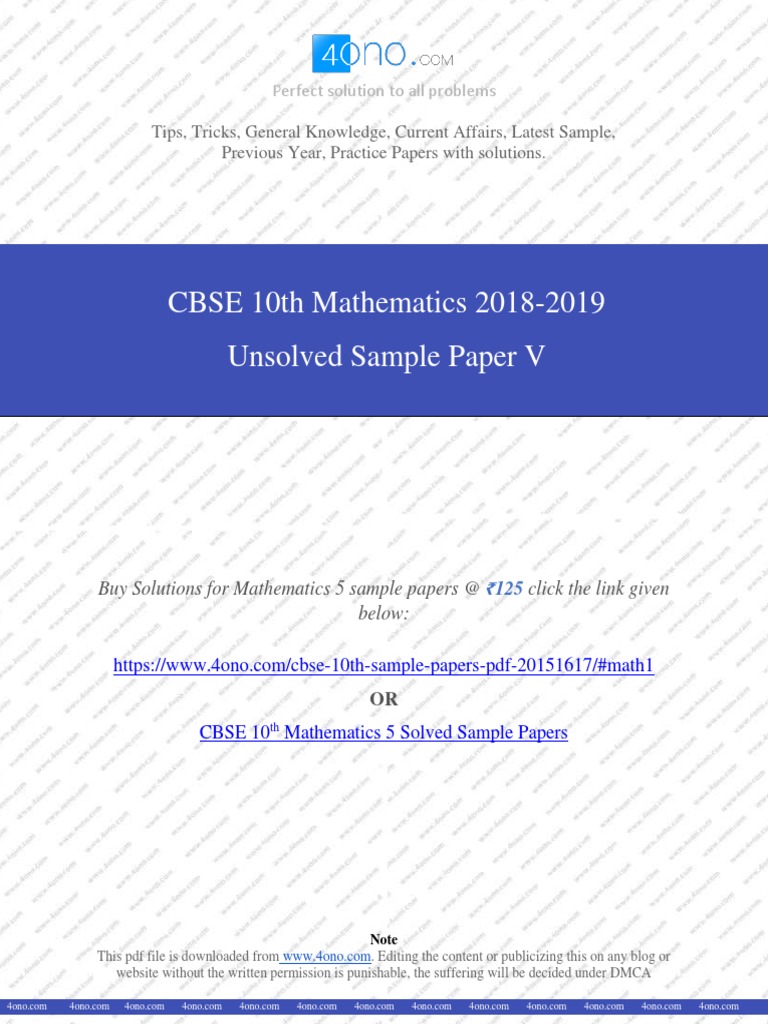 Class 10th Mathematics Unsolved Sample Paper V | PDF | Sphere | Quadratic Equation