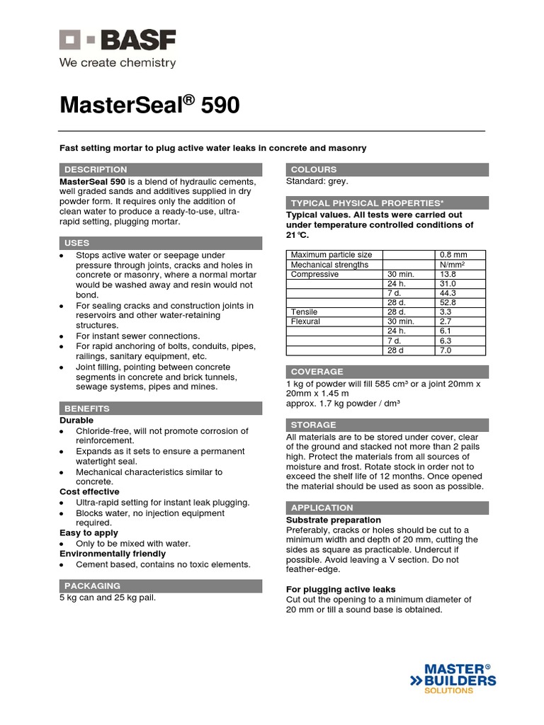 BASF Master Seal 590 Spec. | PDF | Mortar (Masonry) | Sanitary Sewer