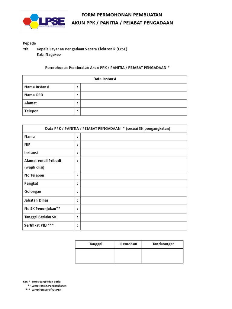 Form Permohonan Pembuatan Akun PPK, Panitia | PDF