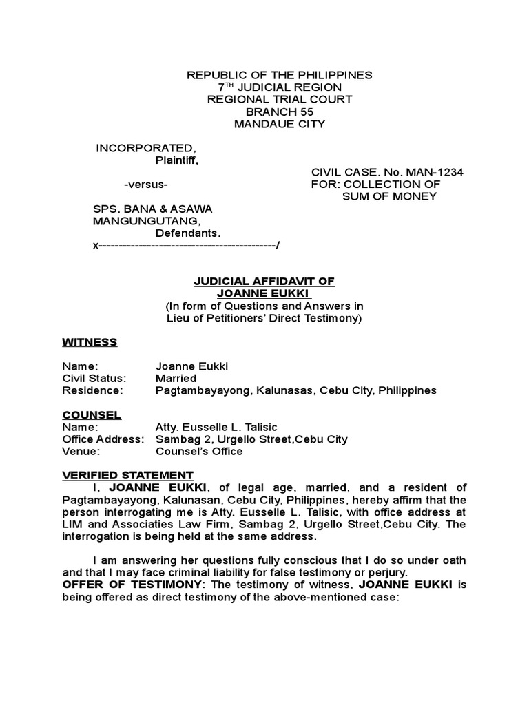 Judicial Affidavit Sample Collection Sum of Money | Perjury | Testimony