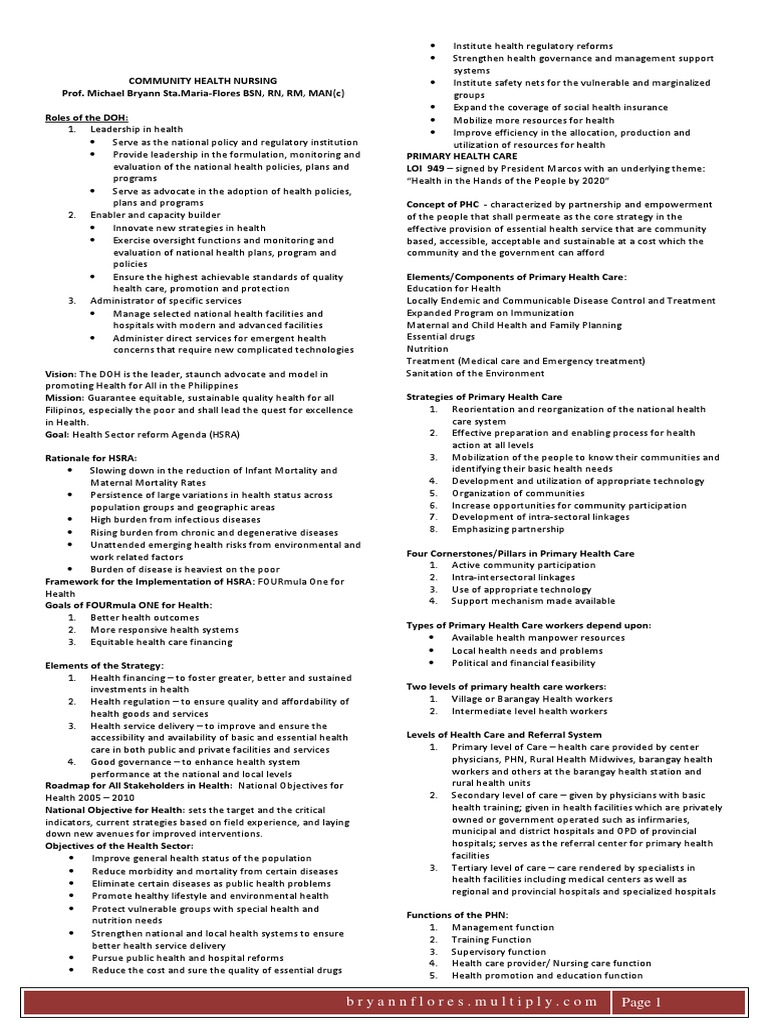 SLRC Handouts CHN Outline | PDF | Epidemiology | Health Care