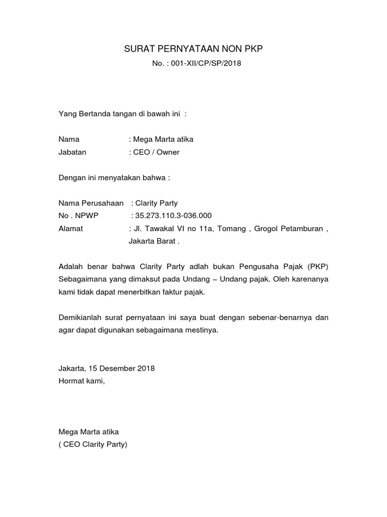 Surat Pernyataan Non PKP Clarity Party | PDF | Bisnis | Pengelolaan ...