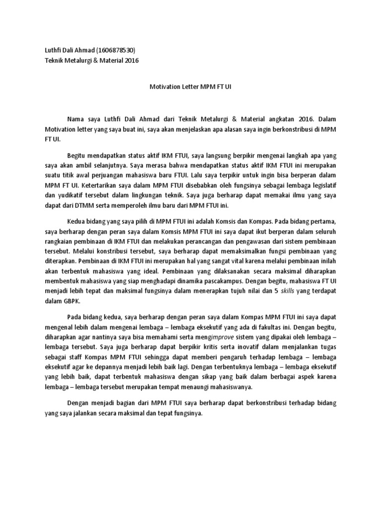 Surat Motivasi Bergabung MPM FT UI | PDF | Karier & Perkembangan