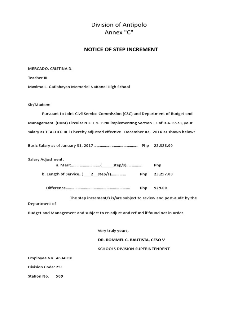 Division of Antipolo Annex "C": Notice of Step Increment | PDF ...